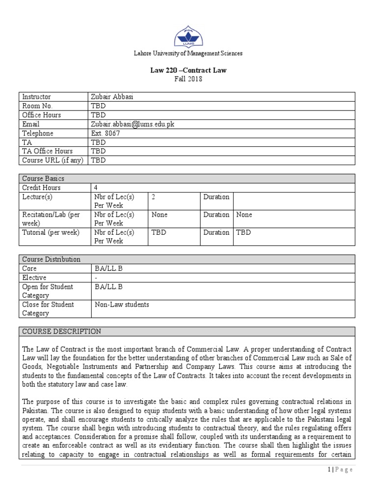 Contract Law Course Overview at LUMS | PDF | Offer And Acceptance | Rules