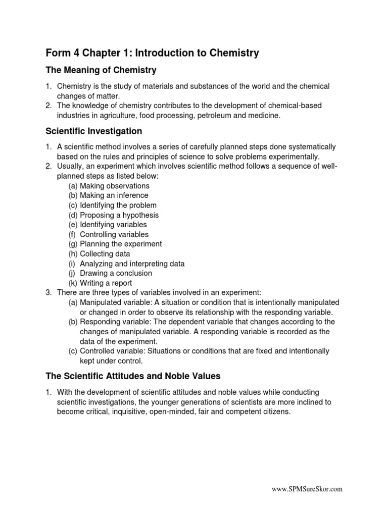 Form 4 Chapter 1: Introduction To Chemistry: The Meaning of Chemistry | PDF