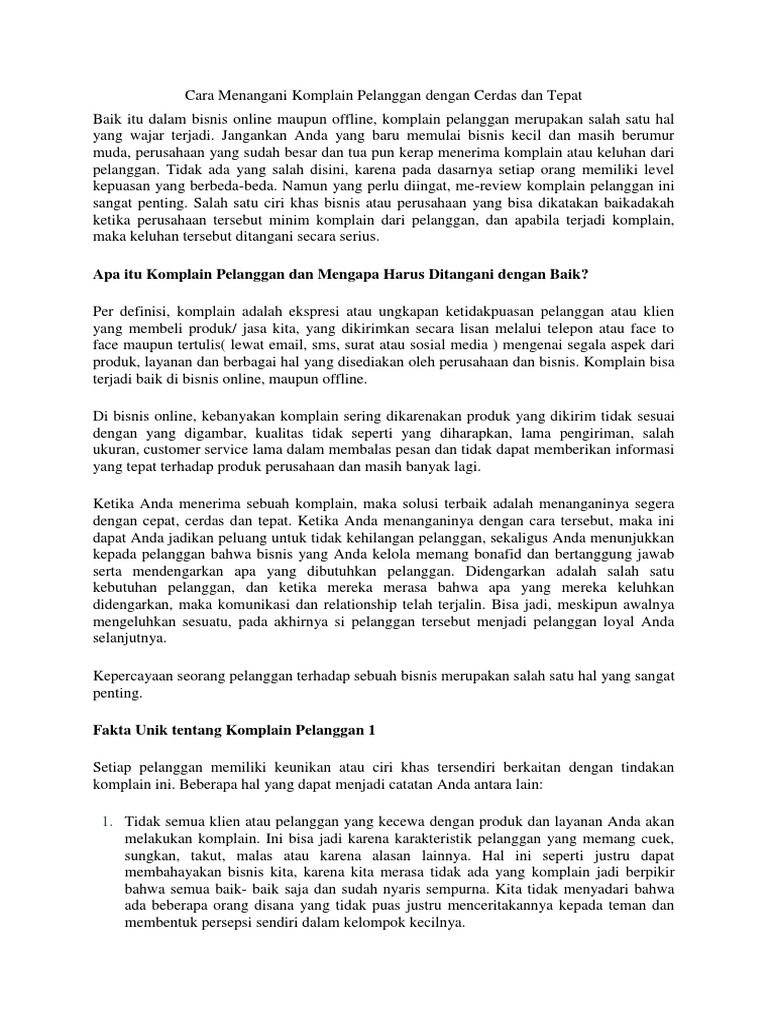 MODUL Cara Menangani Komplain Pelanggan Dengan Cerdas Dan Tepat | PDF ...