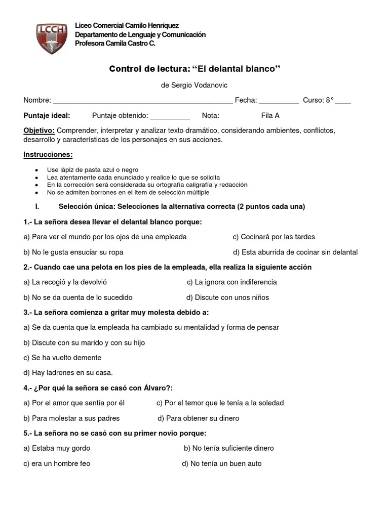 Control de lectura: "El delantal blanco" | PDF