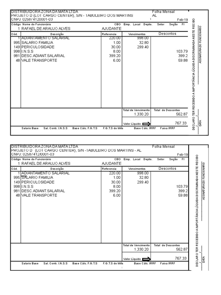 Modelo Contra Cheque | PDF | Compensação de emprego | Relações entre ...