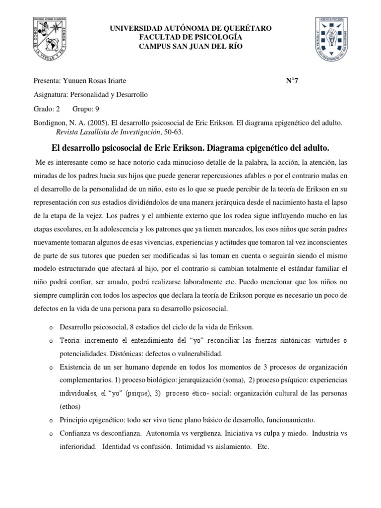 El Desarrollo Psicosocial de Eric Erikson. Diagrama Epigenético Del ...
