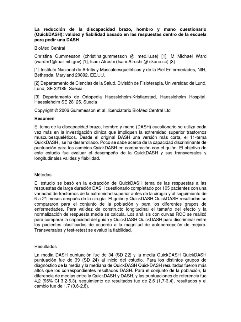 Quick Dash | PDF | Característica Operativa del Receptor | Validez ...