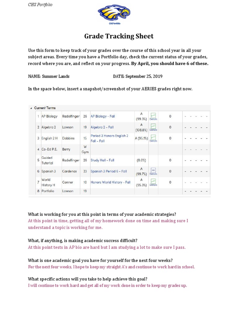 September Grade Tracking Sheet | PDF | Self-Improvement