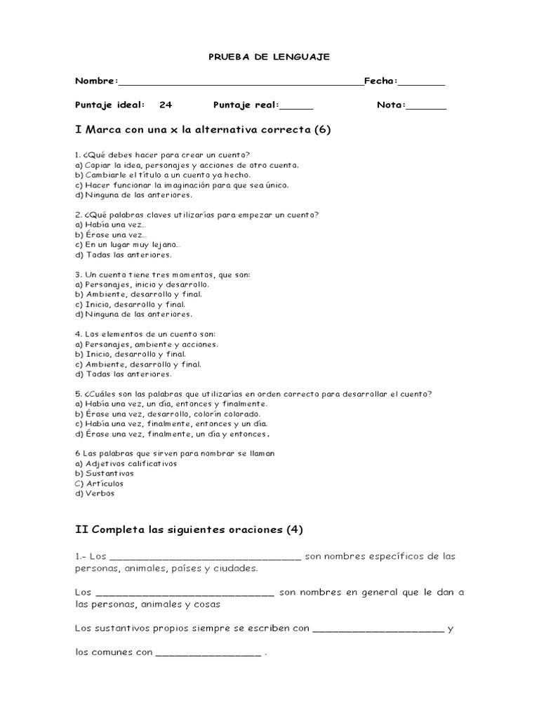 PRUEBA de LENGUAJE Elementos Del Cuento | PDF