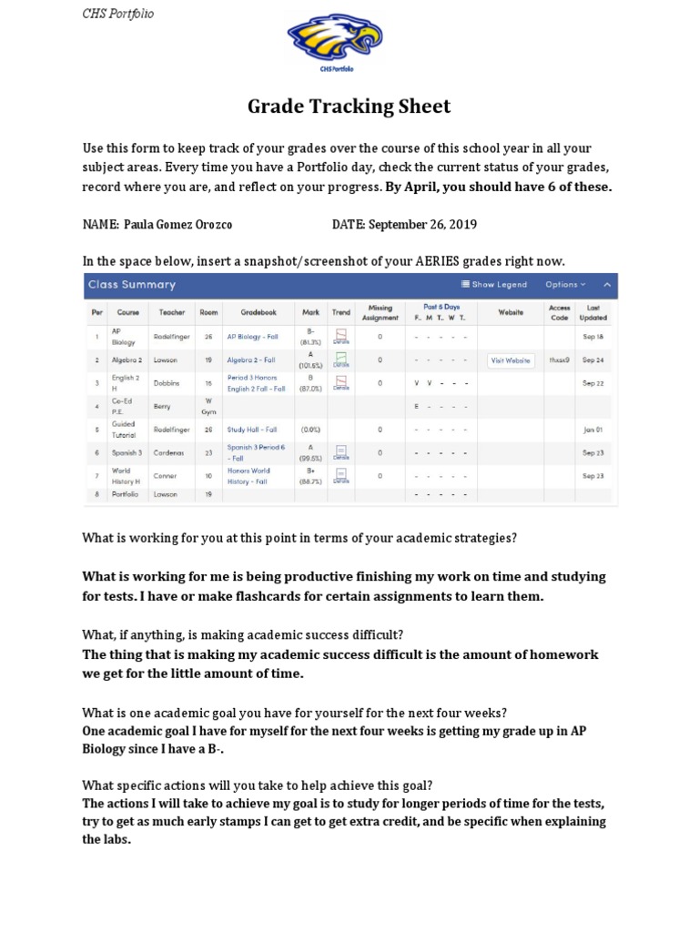 Grade Tracking Sheet 1 | PDF