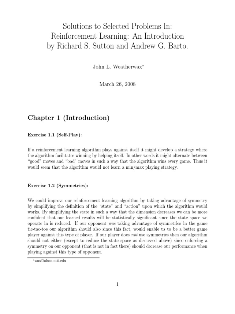 RLbook Solutions Manual | PDF | Markov Chain | Acceleration