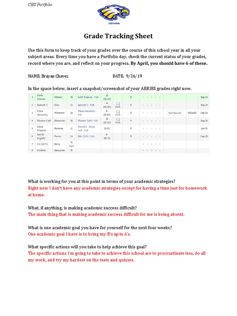 Grade Tracking Sheet - Sept 26 2019 | PDF