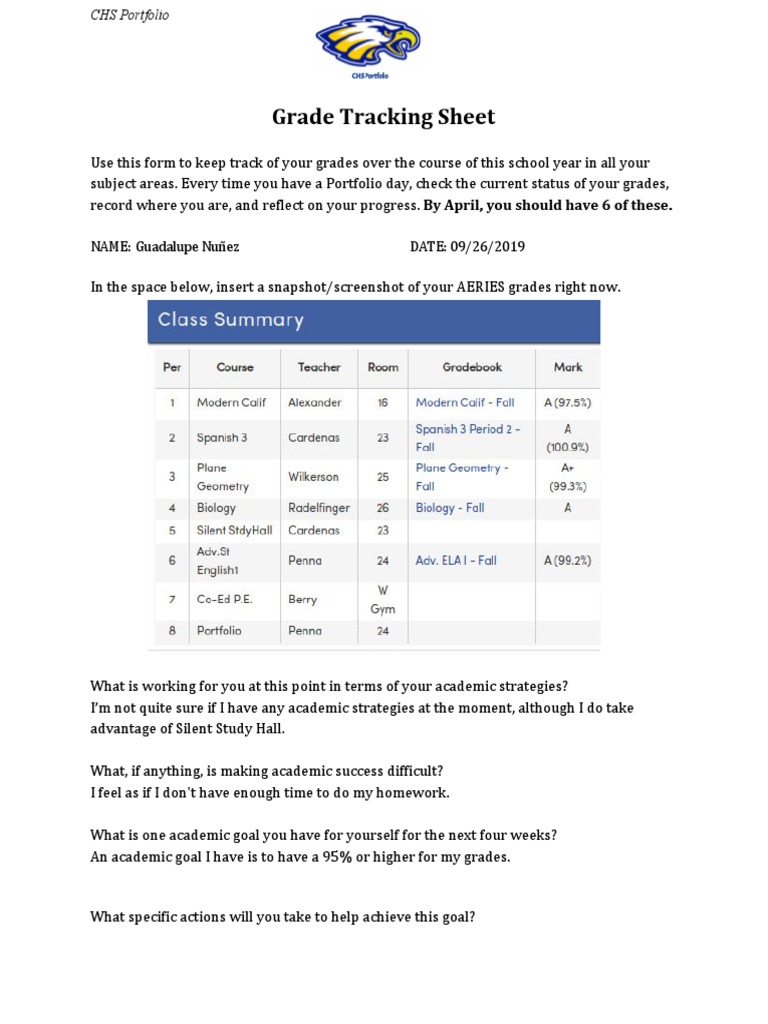 09 26 2019 Grade Tracking Sheet | PDF