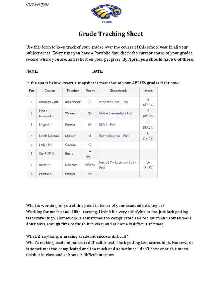 Grade Tracking and Reflection Sheet | PDF | Behavior Modification ...