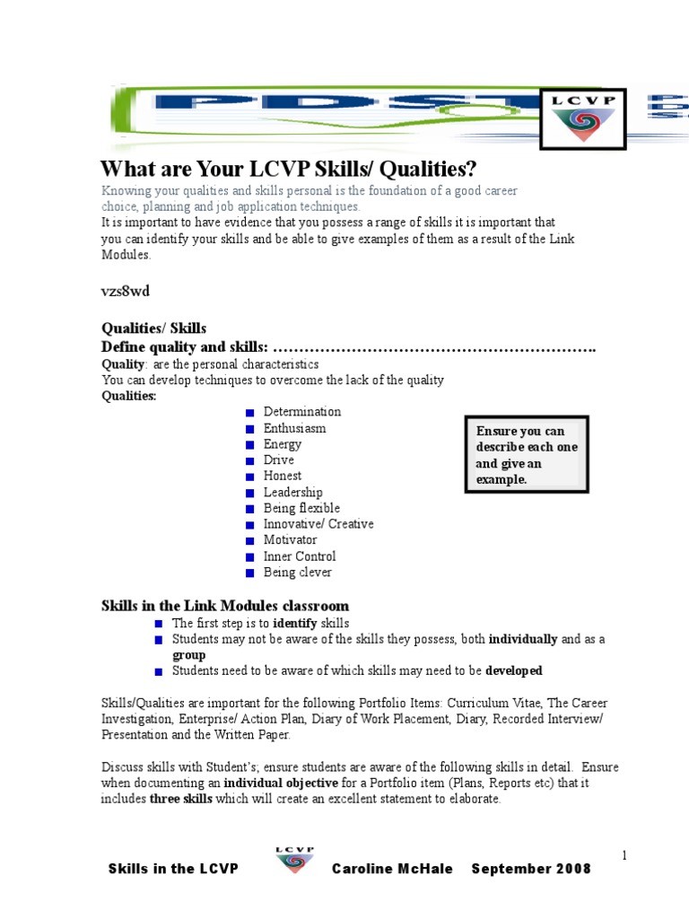 Skills - Qualities LCVP | PDF | Test (Assessment) | Information