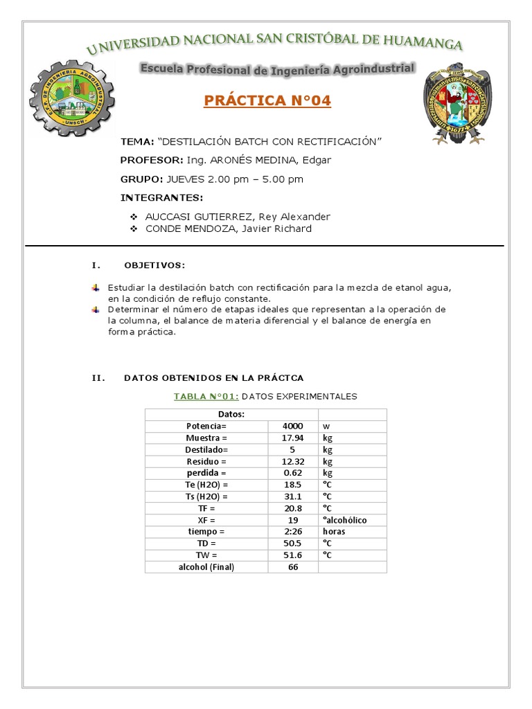 Reporte Destilación Batch Con Rectificación | PDF | Destilación | Fases de la materia
