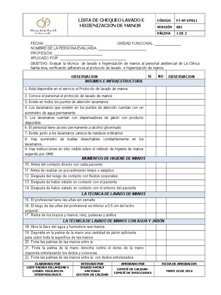 Lista de Chequeo para Lavado de Manos | PDF | Lavado de manos | Salud y ...