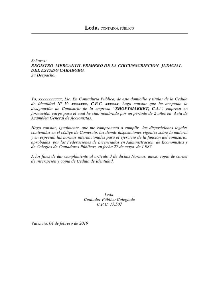 CARTA ACEPTACION DE COMISARIO Shopymarket | PDF | Contador | Gobierno