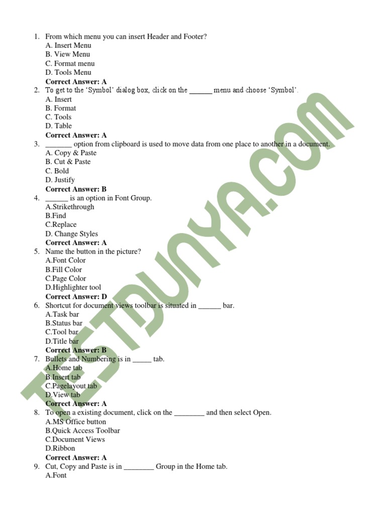 MS Office MCQs PDF | PDF | Spreadsheet | Microsoft Excel