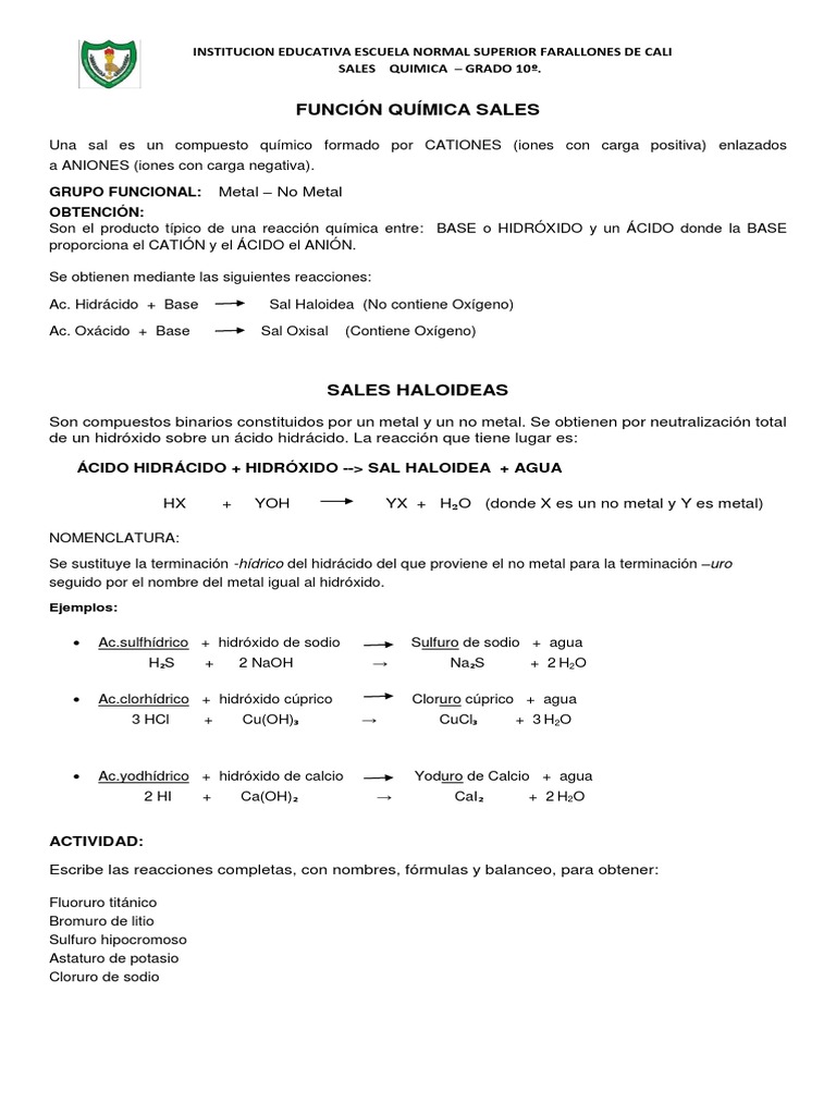 Función Química Sales PDF | PDF | Sal (química) | Moléculas