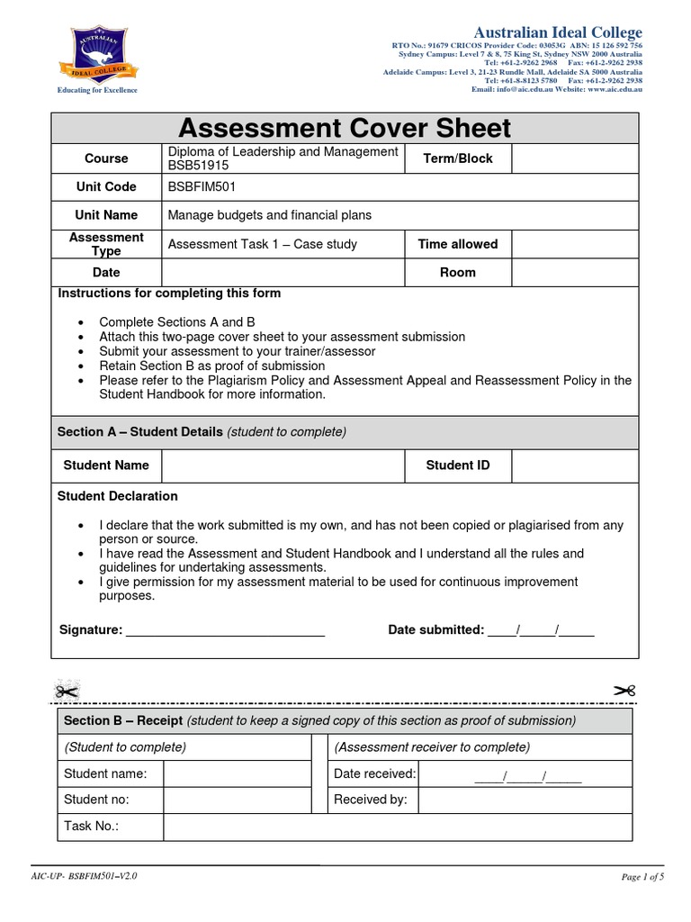 Assessment Cover Sheet: Australian Ideal College | PDF | Adelaide | Cost