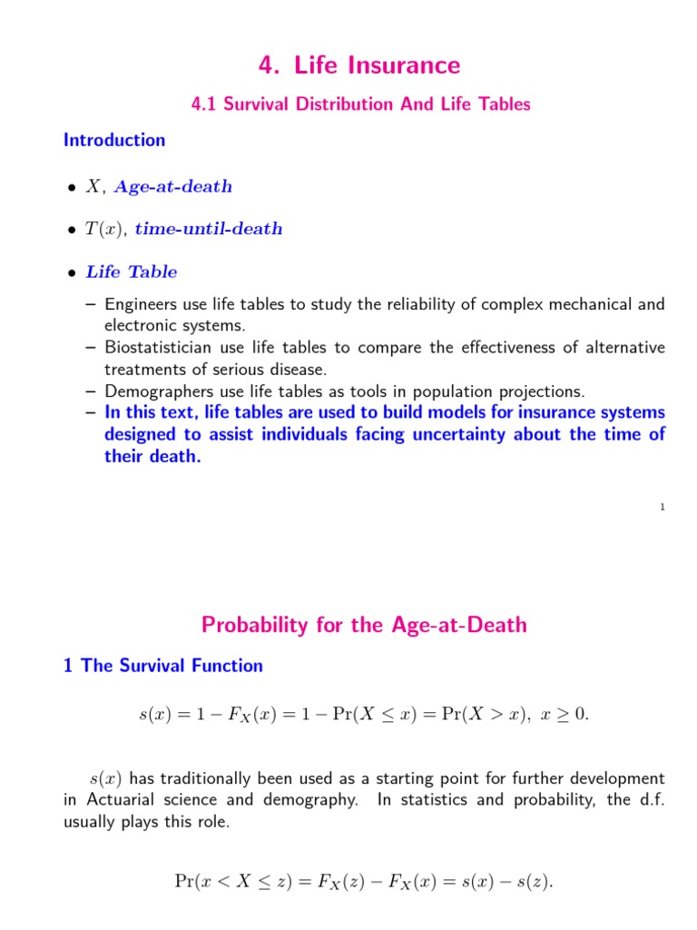 Life Insurance: 4.1 Survival Distribution and Life Tables | PDF | Life ...