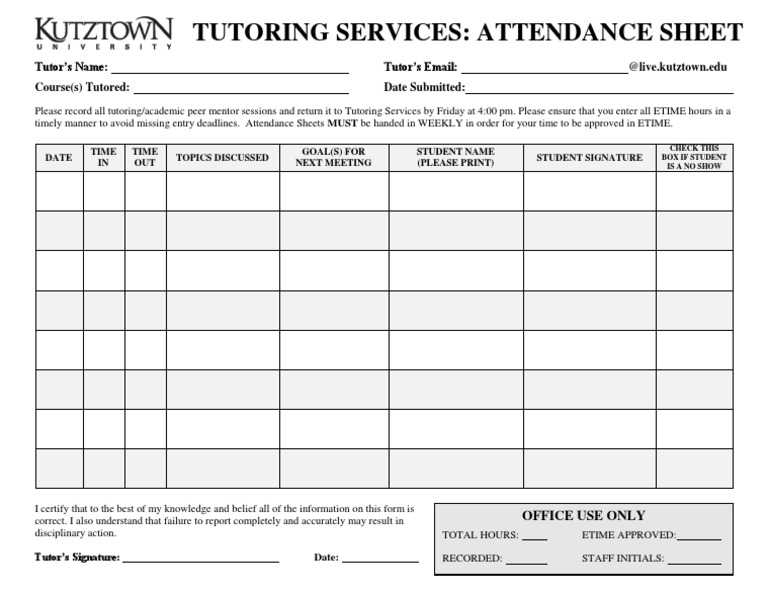 Tutoring Services: Attendance Sheet: Tutor's Name: Tutor's Email: @live ...