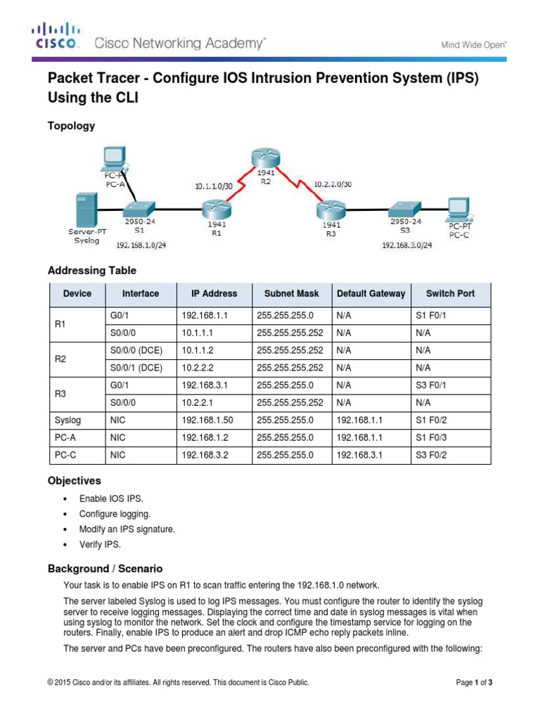 5.4.1.2 Packet Tracer - Configure IOS Intrusion Prevention System (IPS) Using CLI PDF | Download ...