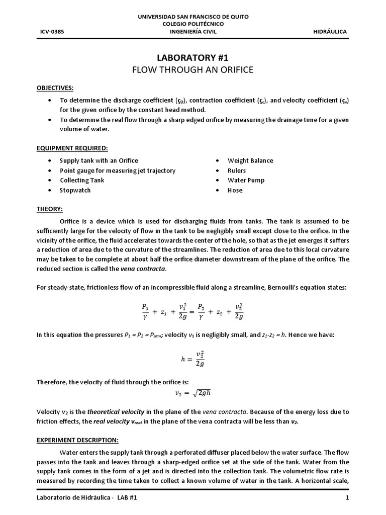 Lab - #1. - Flow Through Orifice PDF | PDF | Fluid Dynamics | Continuum ...