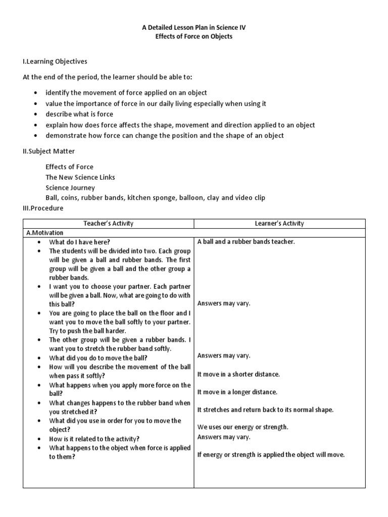 A Detailed Lesson Plan in Science IV Effects of Force On Objects | PDF ...