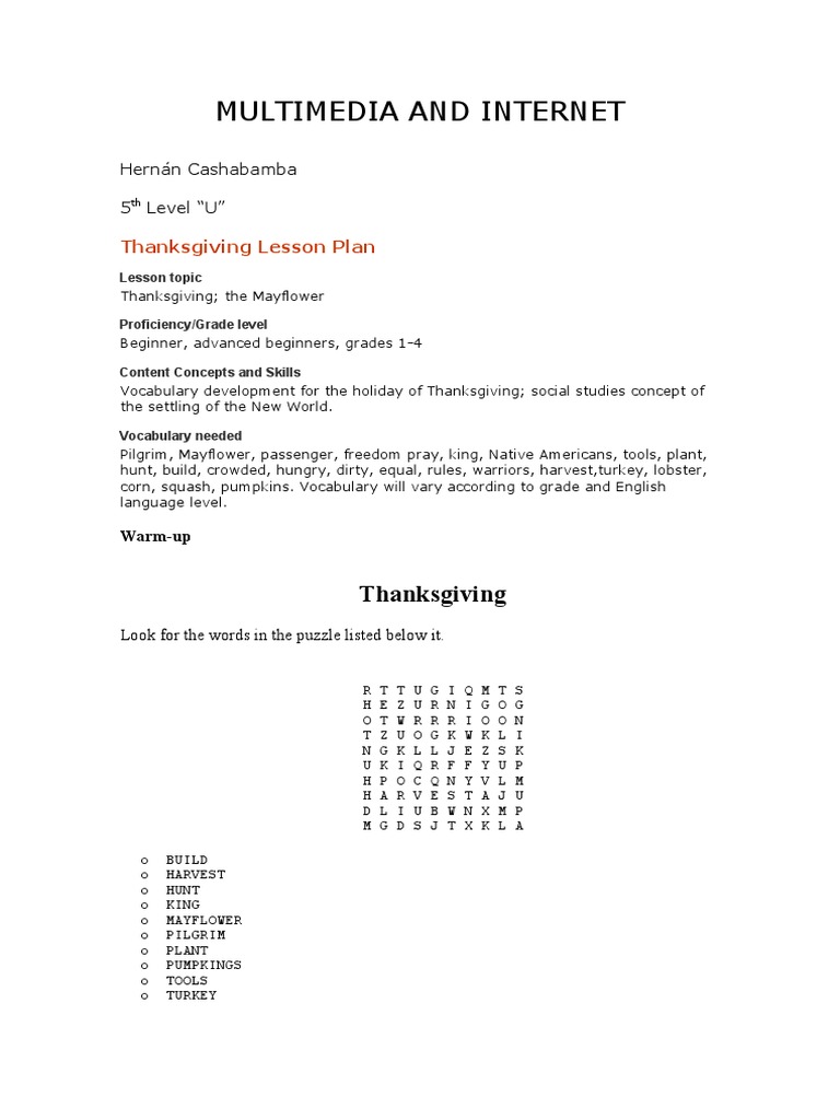 Thanksgiving Lesson Plan for ESL | PDF | Thanksgiving | Thanksgiving Dinner