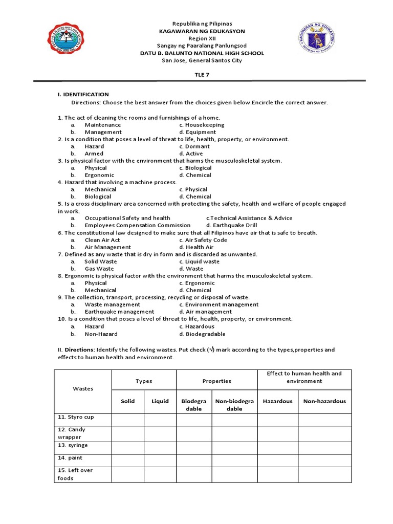 Exam Tle 7 | Download Free PDF | Hazards | Human Factors And Ergonomics