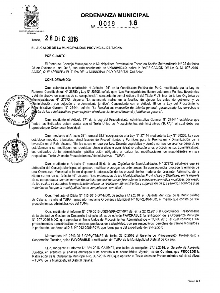 TUPA Calana AÑO 2016 | PDF