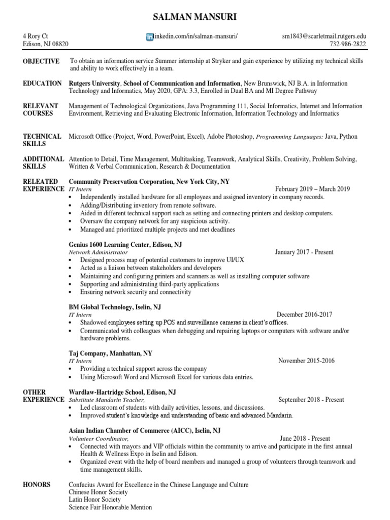 Mansuri - Resume - Stryker | PDF | Computer Network | Information Technology
