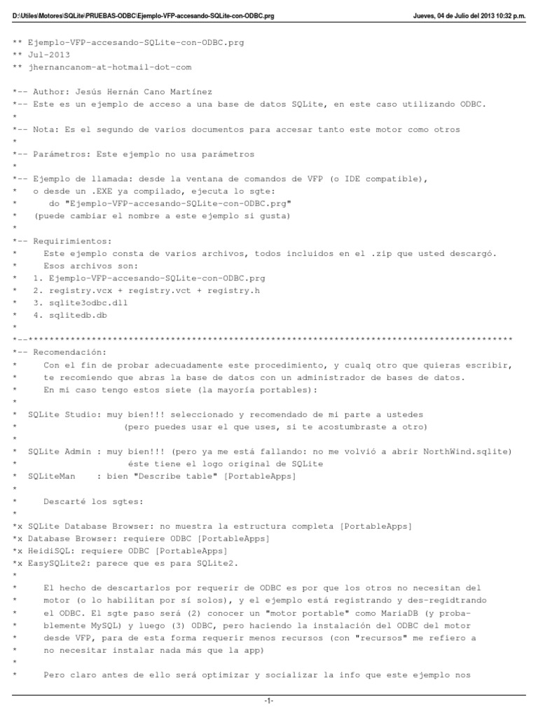 Ejemplo VFP Accesando SQLite Con ODBC PDF | PDF | SQL | Datos de computadora