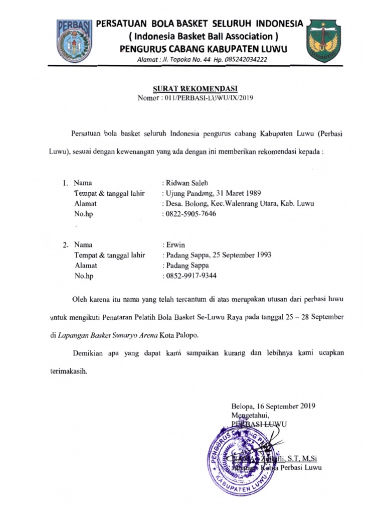 Contoh Surat Perbasi | PDF