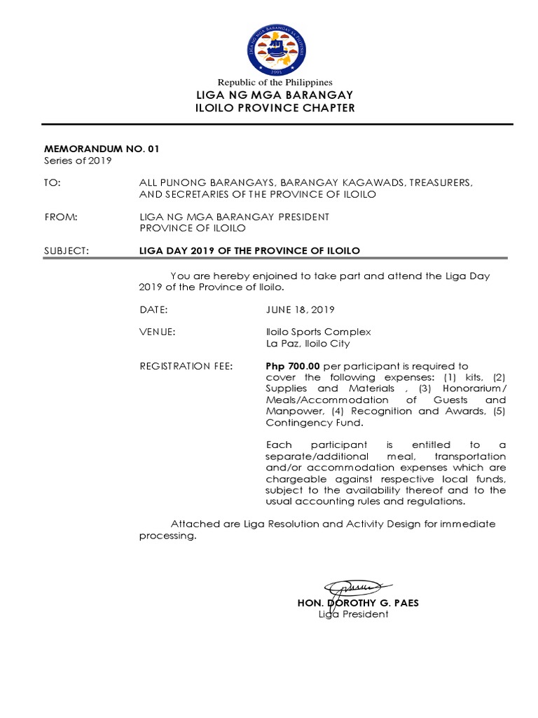 Liga NG Mga Barangay Iloilo Province Chapter: Memorandum No. 01 | PDF