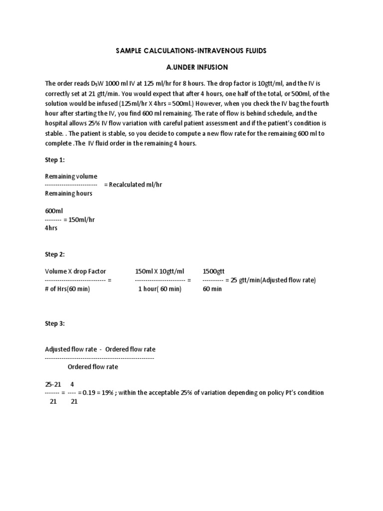Sample Calculations-Intravenous Fluids A.Under Infusion | PDF ...