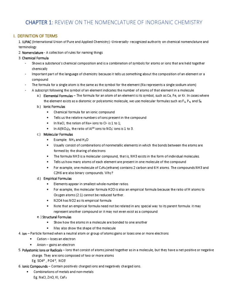 Chapter 1: Review On The Nomenclature of Inorganic Chemistry | PDF ...