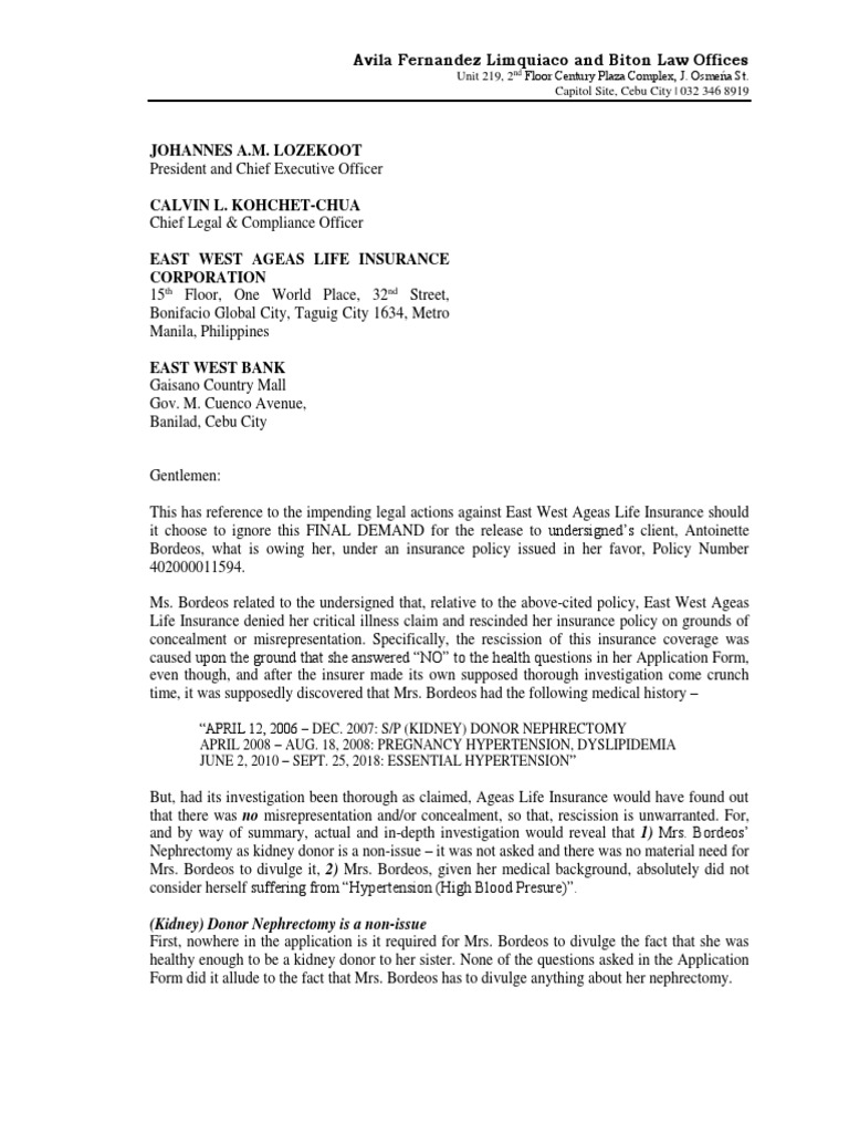 Sample Demand Letter | PDF | Hypertension | Life Insurance