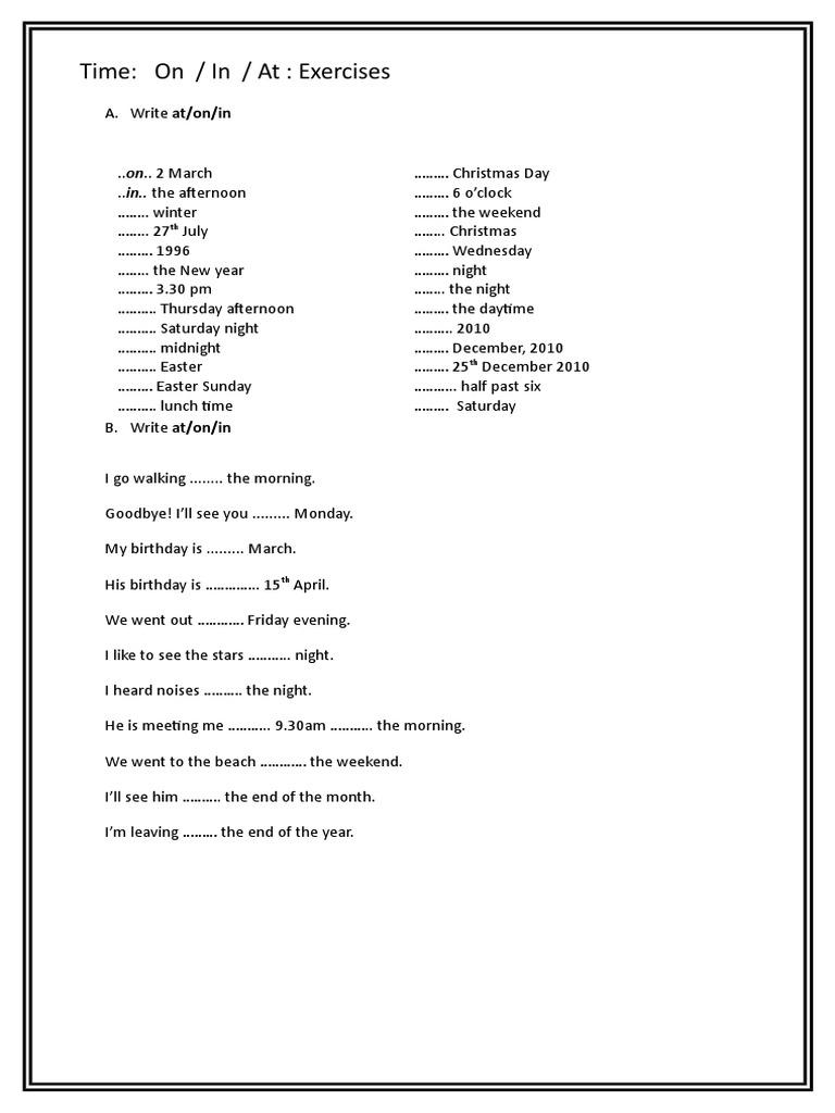 Prepositions of Time On in at 2698 | PDF