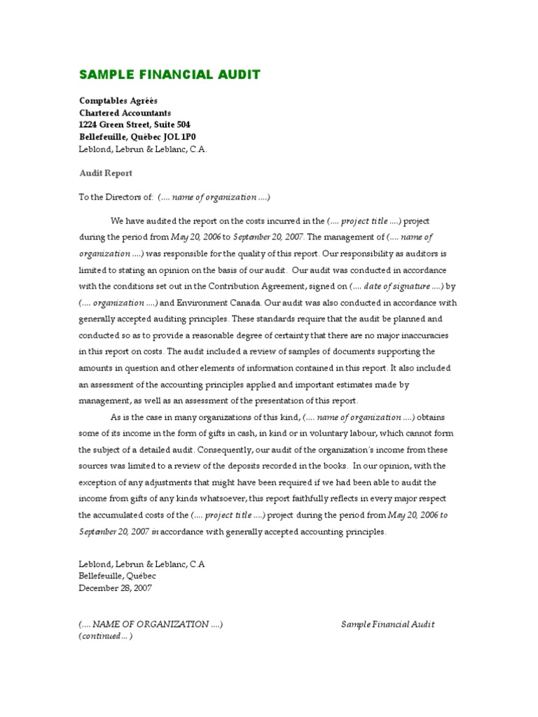 Sample Financial Audit: Comptables Agréés Chartered Accountants 1224 ...