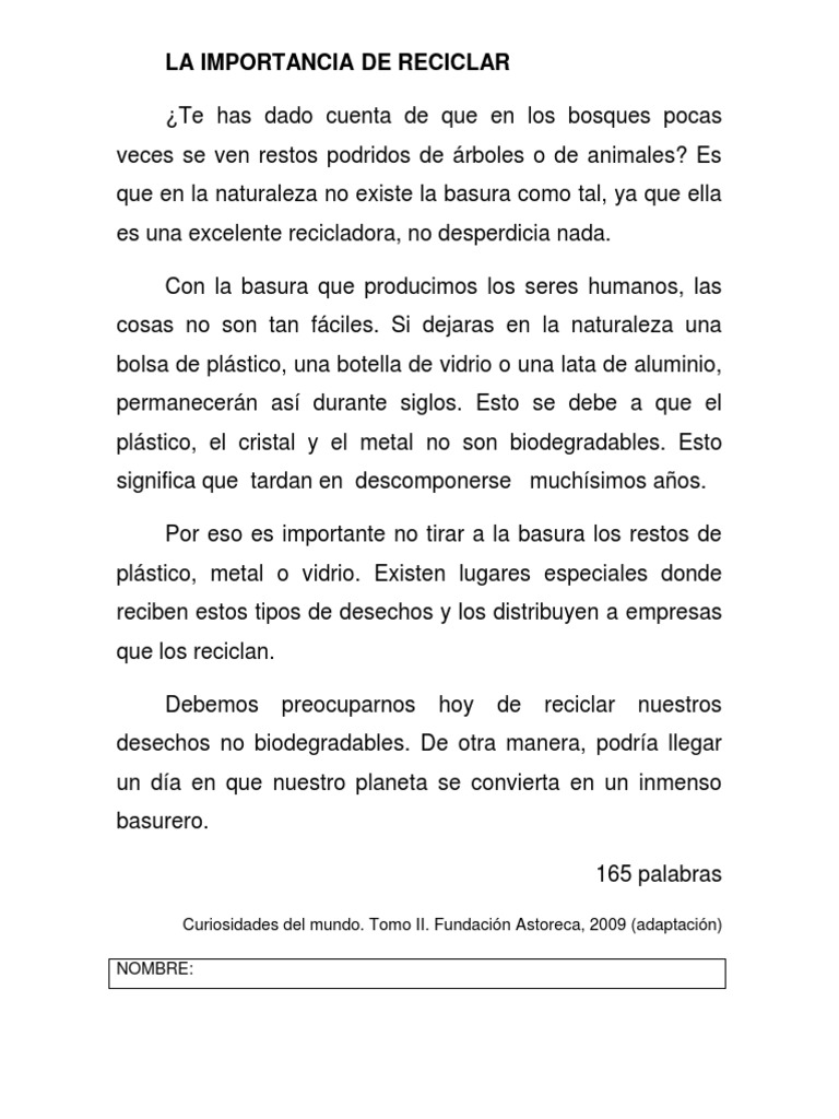 Lectura Comprensiva-La Importancia de Reciclar | PDF