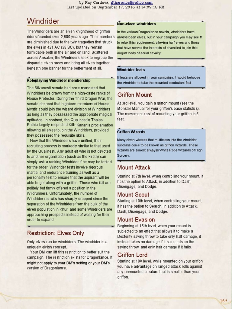 Excerpt Windrider Fighter Subclass PDF | PDF | Elf (Dungeons & Dragons ...