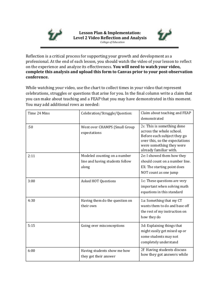 Lesson Plan & Implementation: Level 2 Video Reflection and Analysis ...
