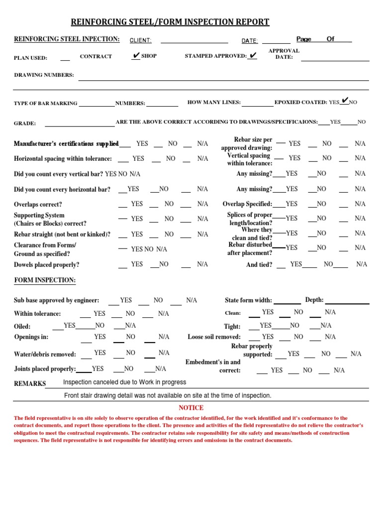 Reinforcing Steel/Form Inspection Report: Client: Date: Shop Stamped Approved: Approval Date ...