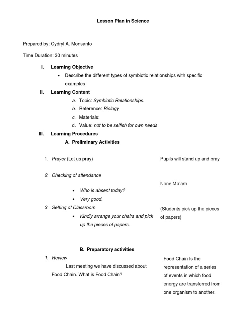 Detailed Lesson Plan Cydryl Monsanto | PDF | Symbiosis | Lesson Plan