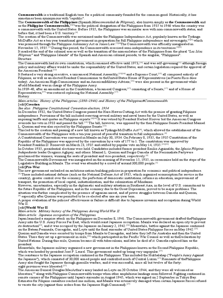 The Establishment and History of the Commonwealth of the Philippines as ...