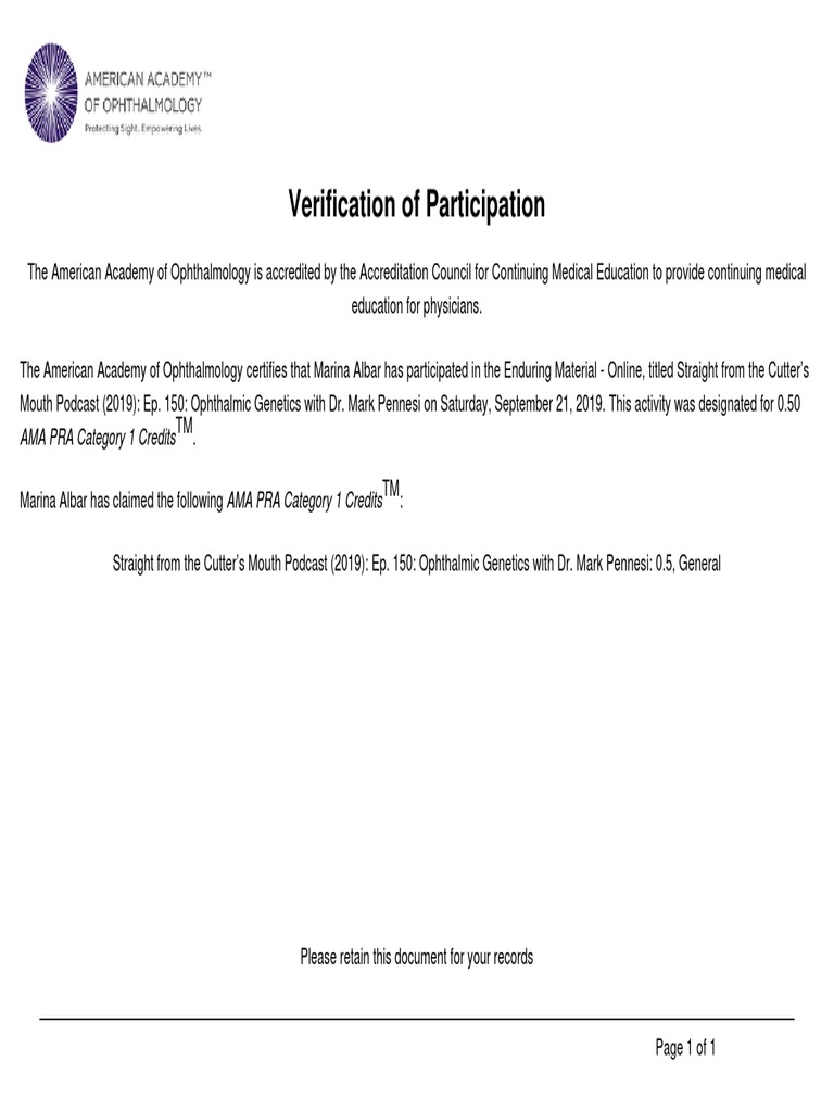 Verification of Participation: Ama Pra Category 1 Creditstm | PDF