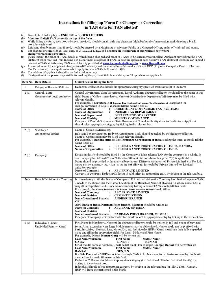 Instructions For Filling Up 'Form For Changes or Correction in TAN Data ...