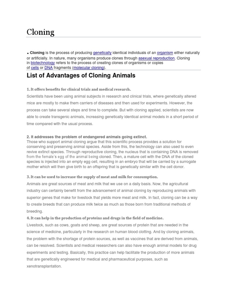 Cloning .: List of Advantages of Cloning Animals | PDF | Cloning ...