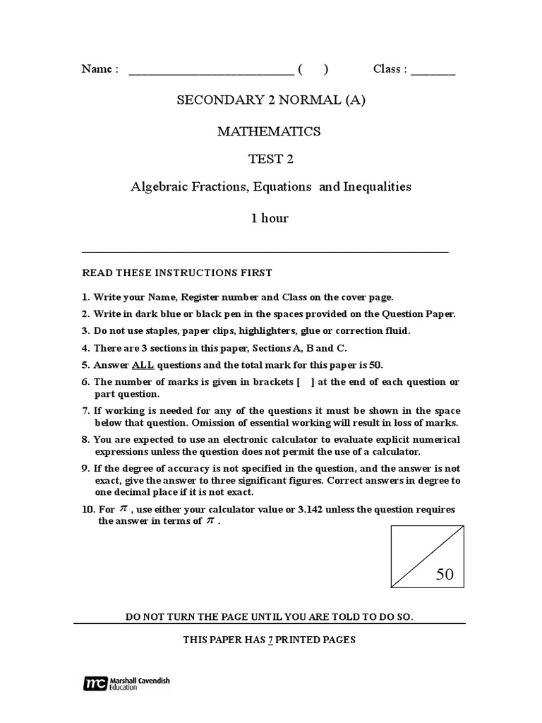 Secondary 2 Normal (A) Mathematics Test 2 Algebraic Fractions ...