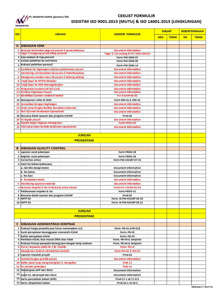 Ceklist Formulir ISO 9001 & 14001 | PDF