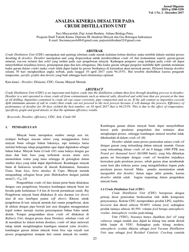 Analisa Kinerja Desalter Pada Crude Distillation Unit: Abstrak | PDF